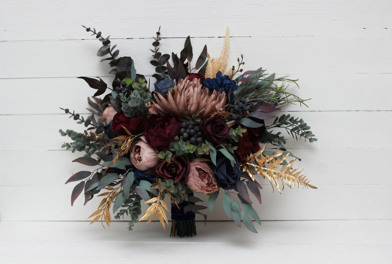 Burgundy Navy Blue Dusty Rose Gold Flowers Bridal Bouquet Faux - Etsy