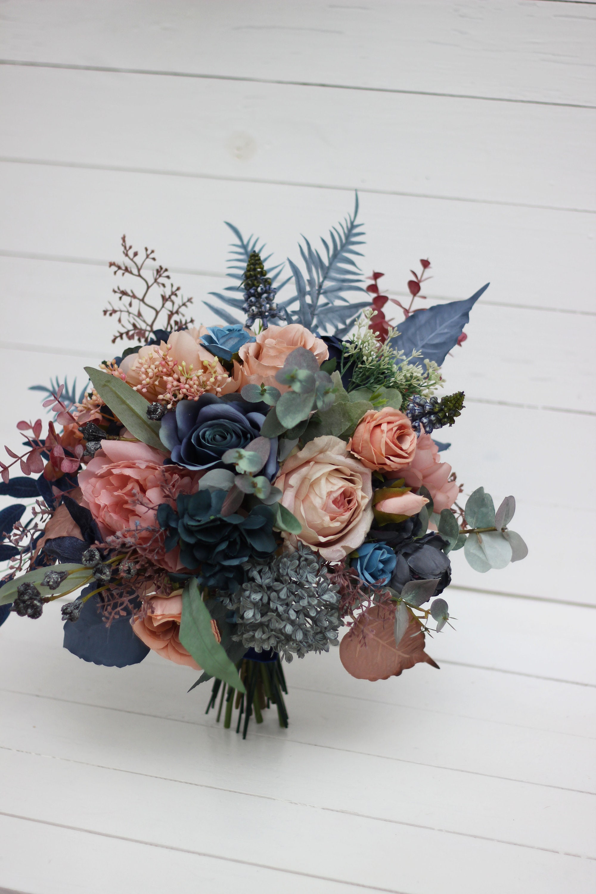 Navy blue dusty rose bridal bouquet Faux bouquet Wedding | Etsy