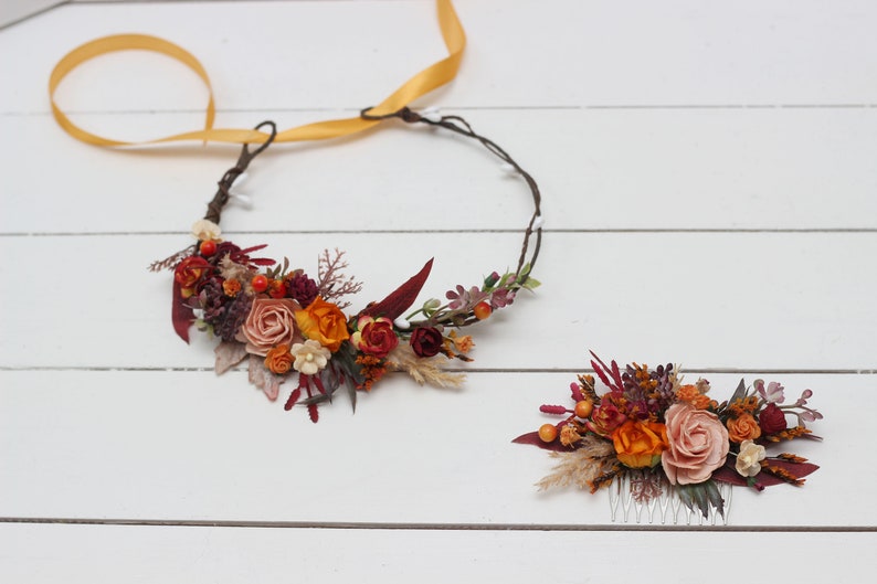 Peach Burgundy Rust Flower Crown Floral Headpiece Flower Girl Crown ...