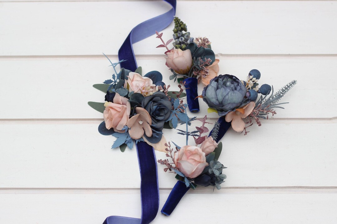 Dusty Blue Navy Blue Dusty Rose Flower Boutonniere Wrist Mother Corsage ...
