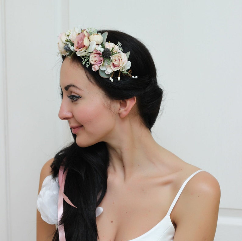 Beige Rose Eucalyptus Flower Crown Floral Crown Boho Wedding - Etsy