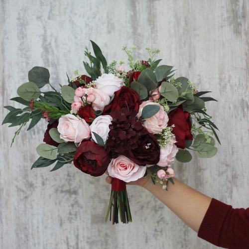 Burgundy Ivory Blush Pink Flowers Bridal Bouquet Faux Bouquet | Etsy