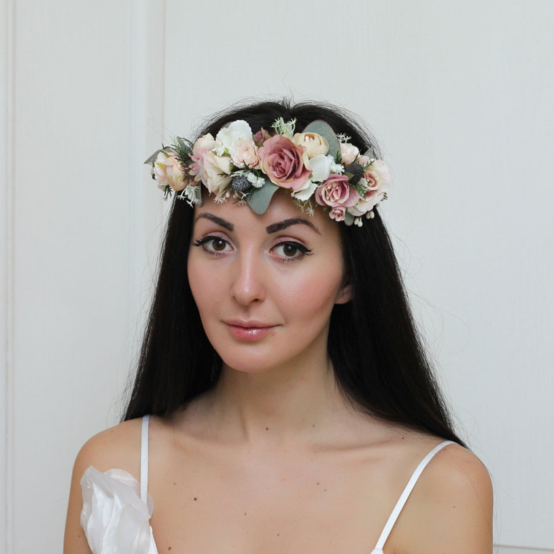 Beige Rose Eucalyptus Flower Crown Floral Crown Boho Wedding - Etsy