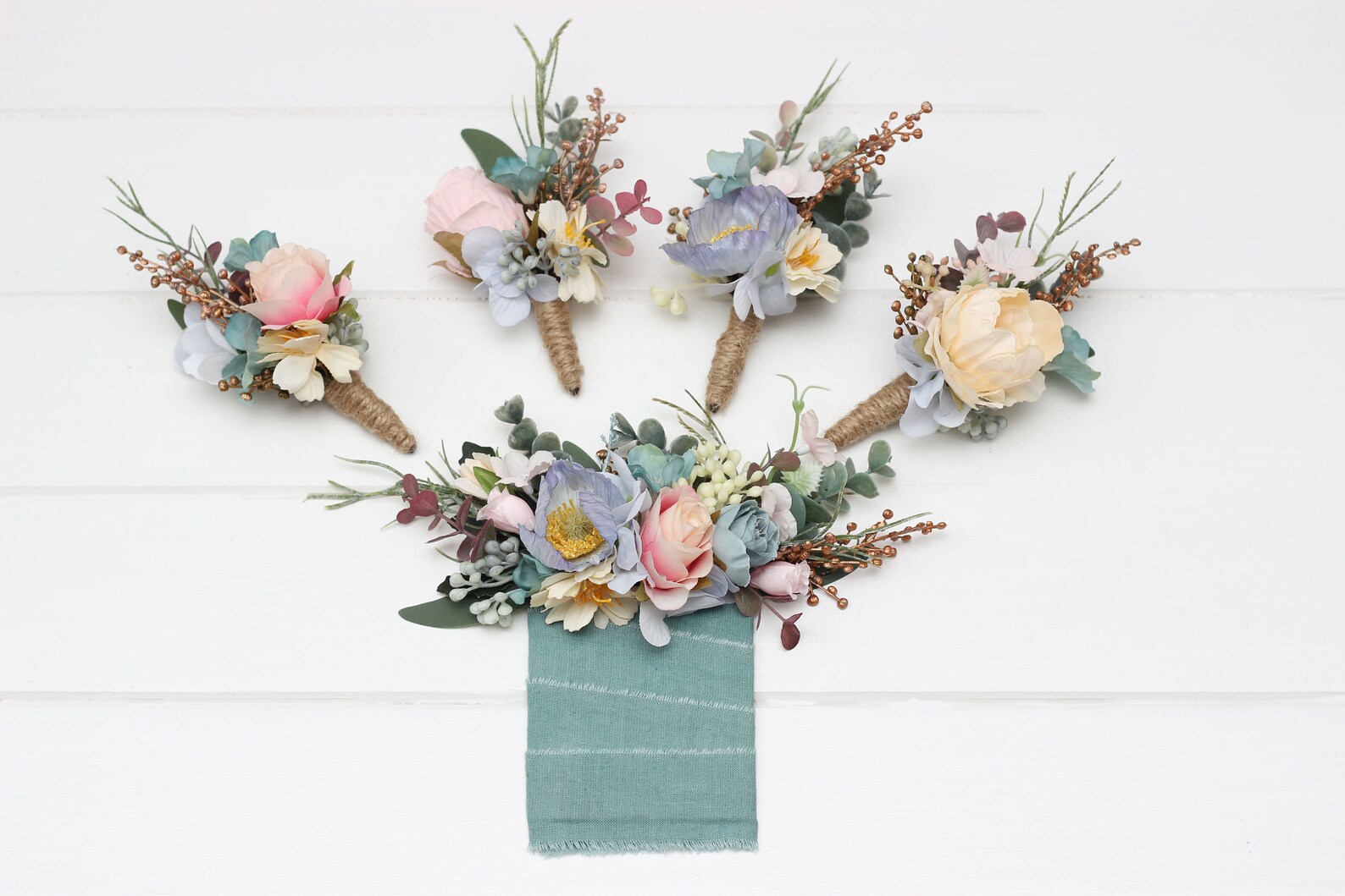 Spring Summer Wedding Wildflowers Boutonnieres Pink Yellow Dusty Blue ...