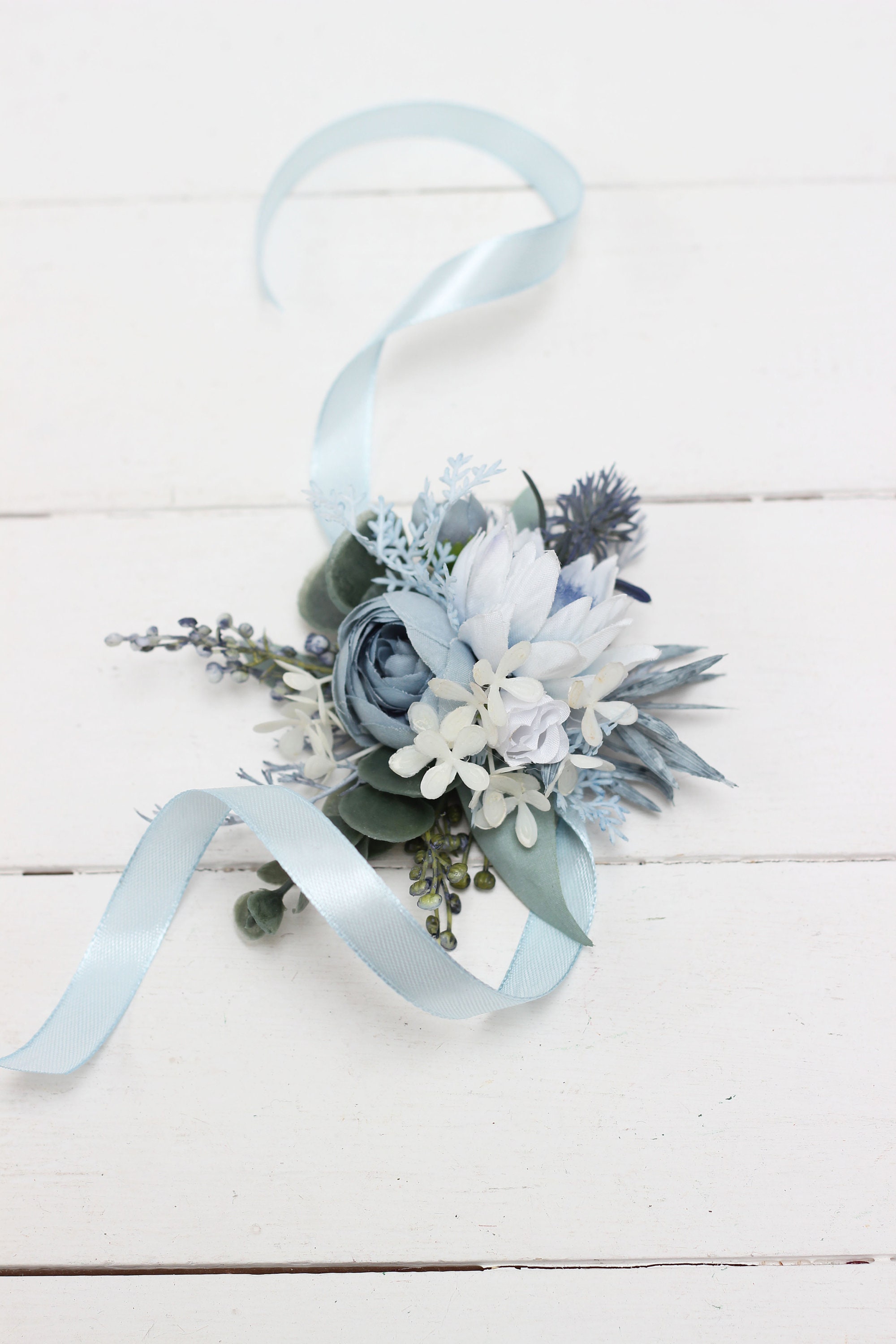 Dusty blue white wedding accessories Wrist corsage Mother | Etsy