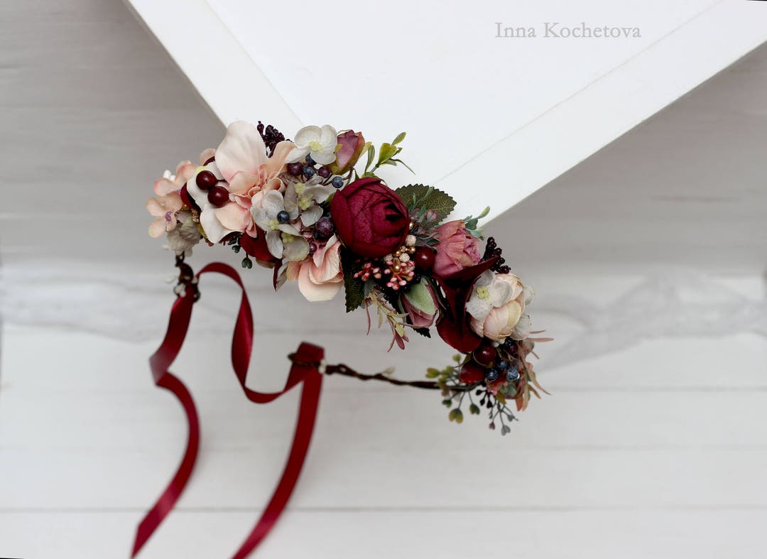 SALE Burgundy Beige Flower Crown Bridal Hair Wreath Woodland Wedding ...
