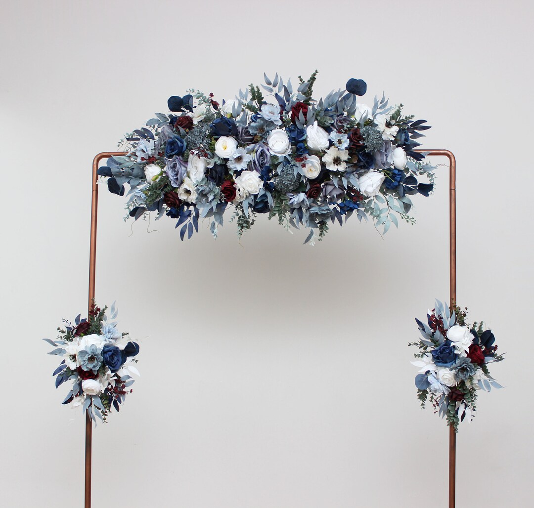 Set of 3 Dusty Blue Navy Blue White Burgundy Flower Arch Arrangement ...