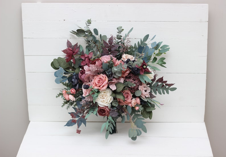 Navy Blue Dusty Rose Mauve Bridal Bouquet Faux Bouquet Wedding Flowers ...