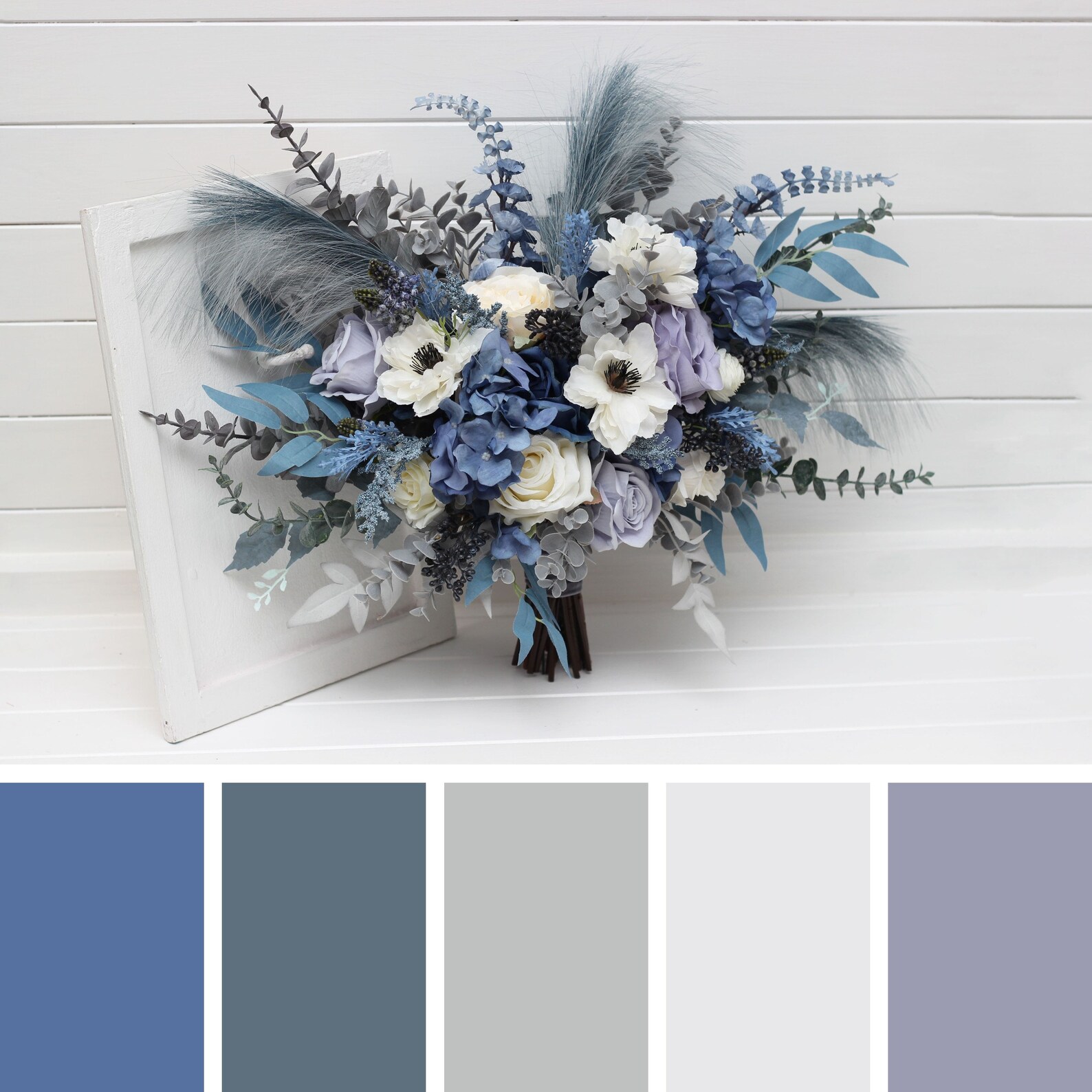 Dusty Blue White Ivory Gray Bridal Bouquet Anemones Bouquet Bridesmaid ...