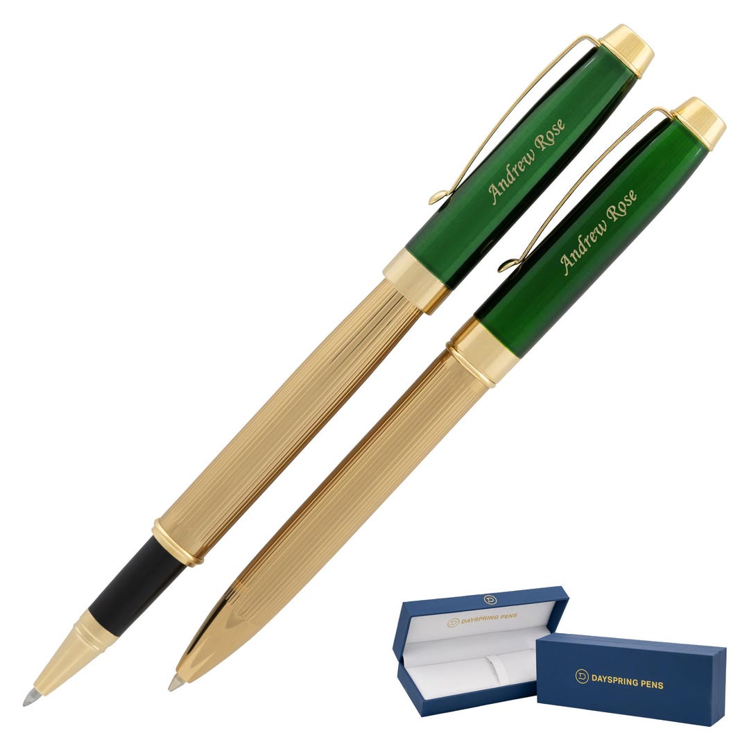 Personalized 18KT Gold Plated Pen Set: Green Braxton Ballpoint ...