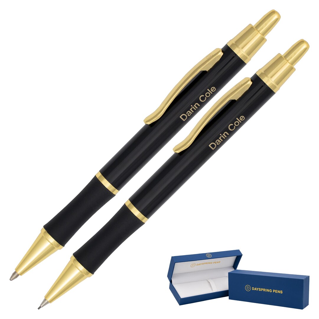 Engraved Black Pen and Pencil Set: 18k Gold Accents, Valentine's Gift ...