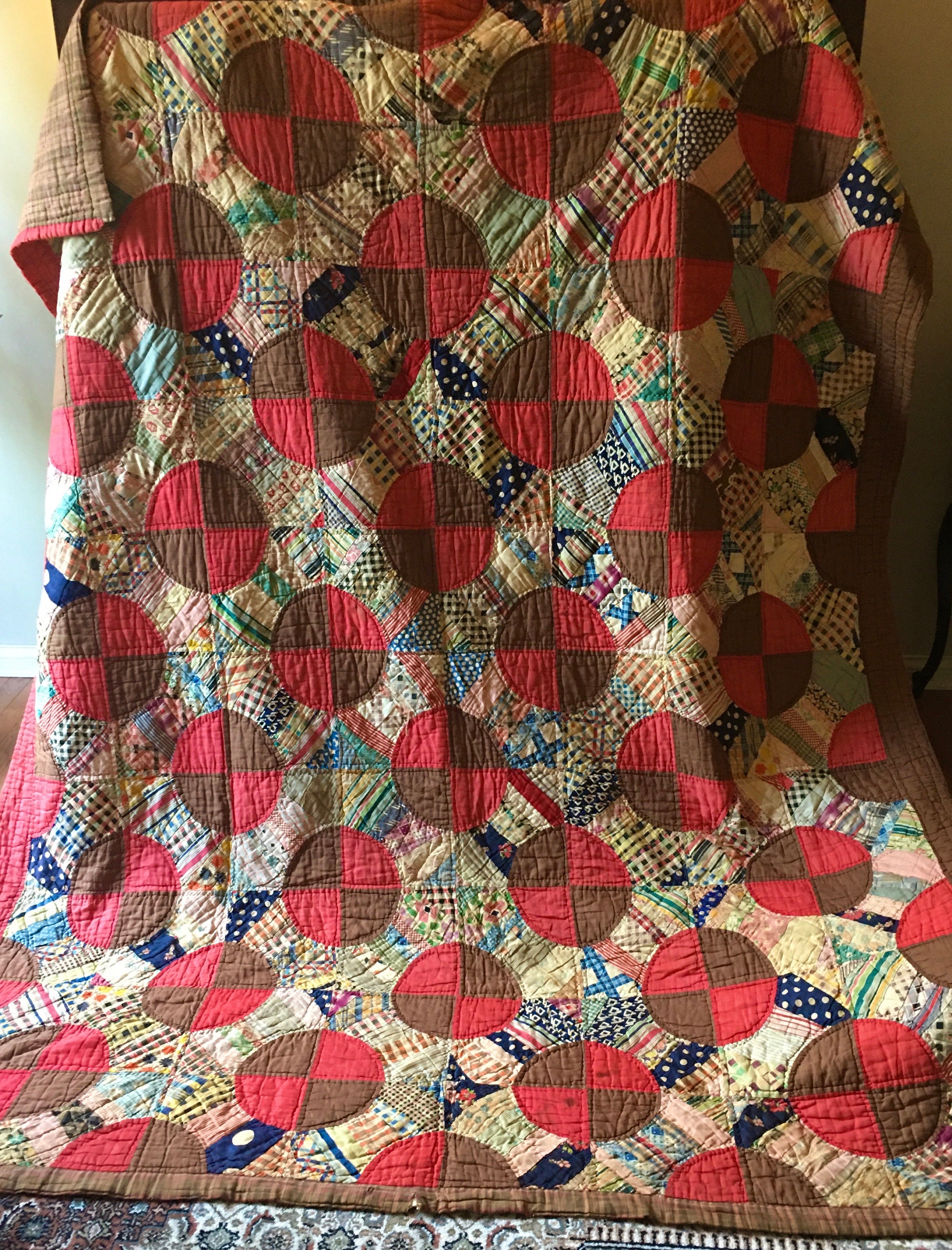 Antique Snowball Patchwork Quilt Homespun Plaid Cotton Fabric Back Red ...