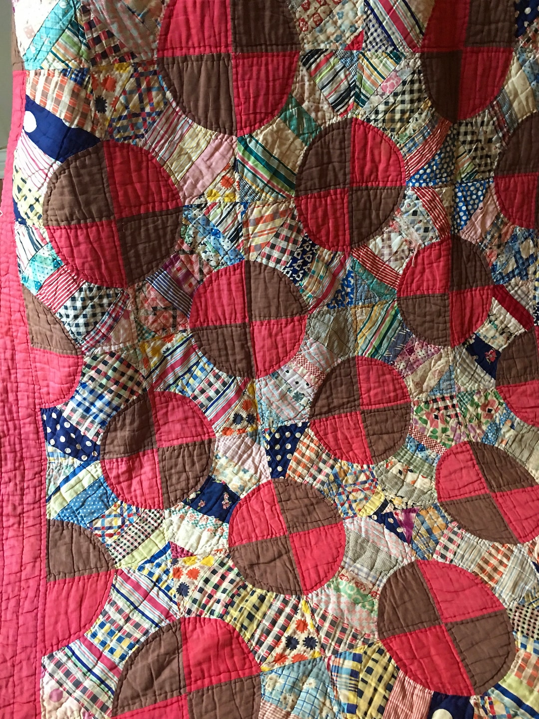 Antique Snowball Patchwork Quilt Homespun Plaid Cotton Fabric Back Red ...