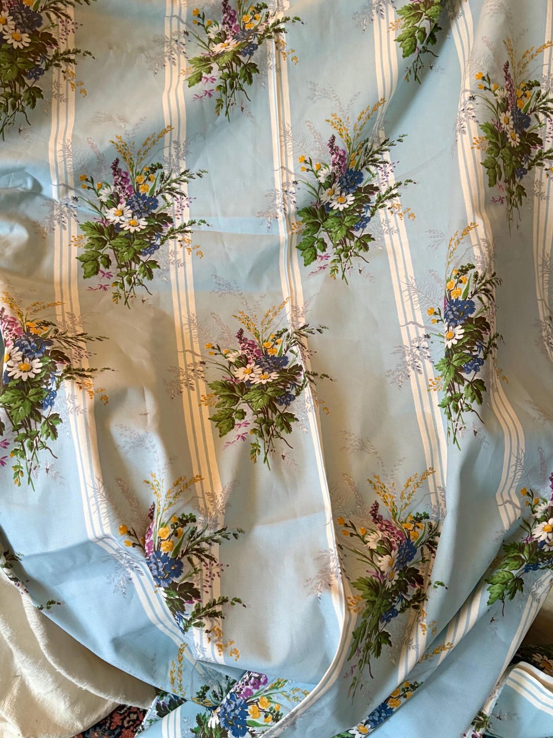 Vintage French Daisy Floral Stripe Cotton Interiors Fabric ~ Sky Blue ...