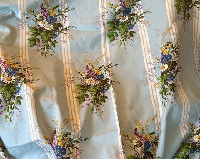 Vintage French Daisy Floral Stripe Cotton Interiors Fabric ~ Sky Blue ...