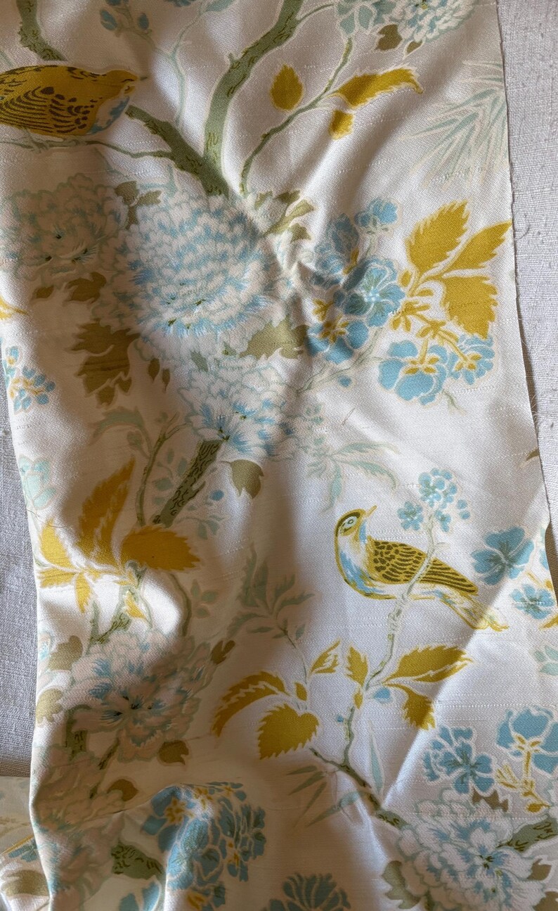 Lovely Vintage Chinoiserie Inspired Floral Bird Fabric Remnant ~ Blue ...