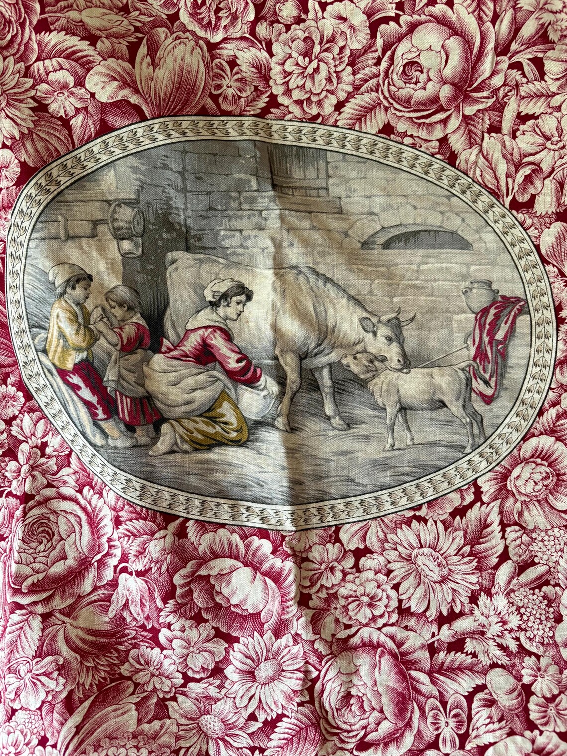 Superb Antique French Floral Country Farm Life Vignette Toile Cotton ...