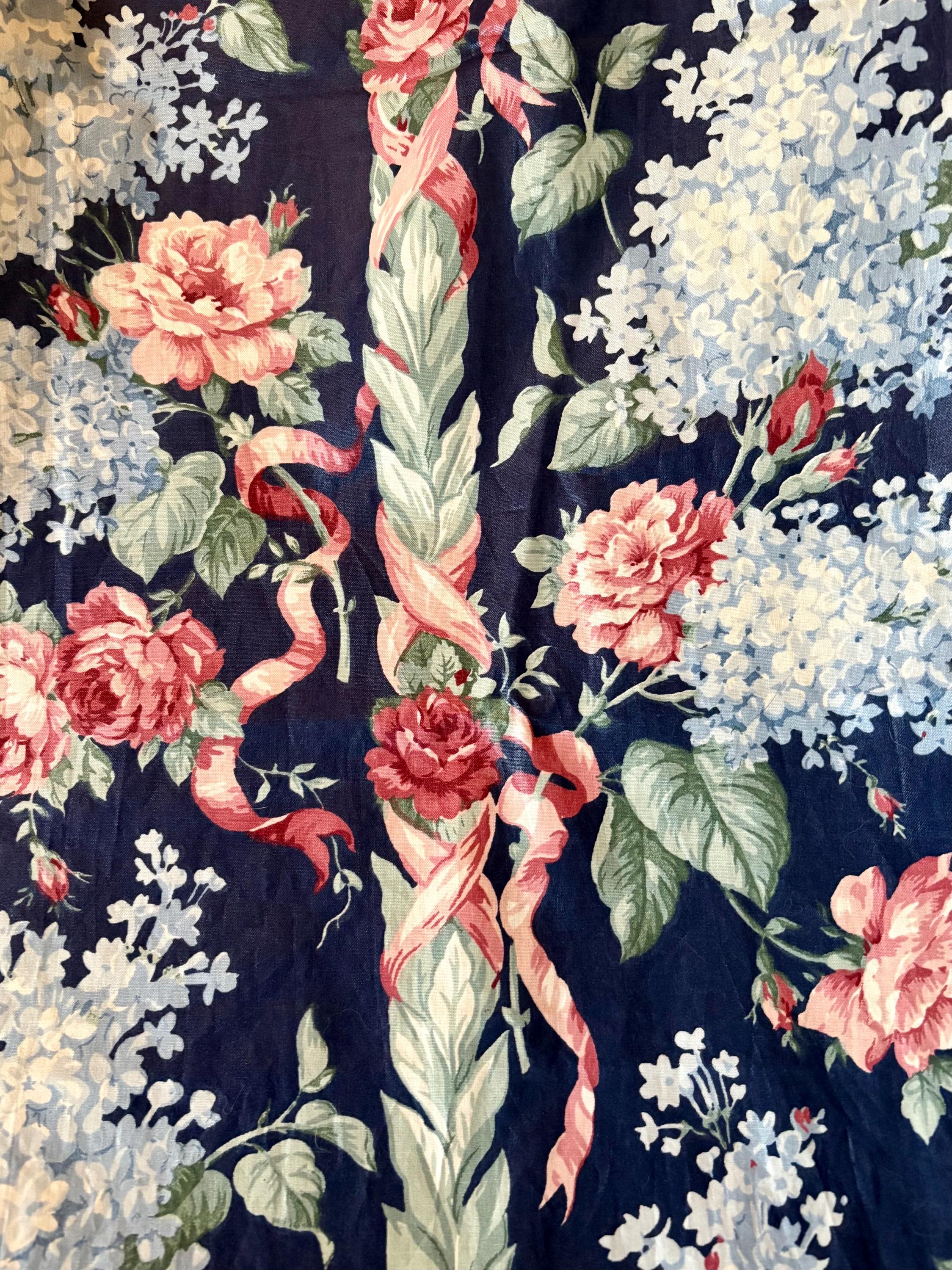 Vintage Floral Roses Lilac Ribbons Polished Cotton Chintz Fabric ~ Blue ...