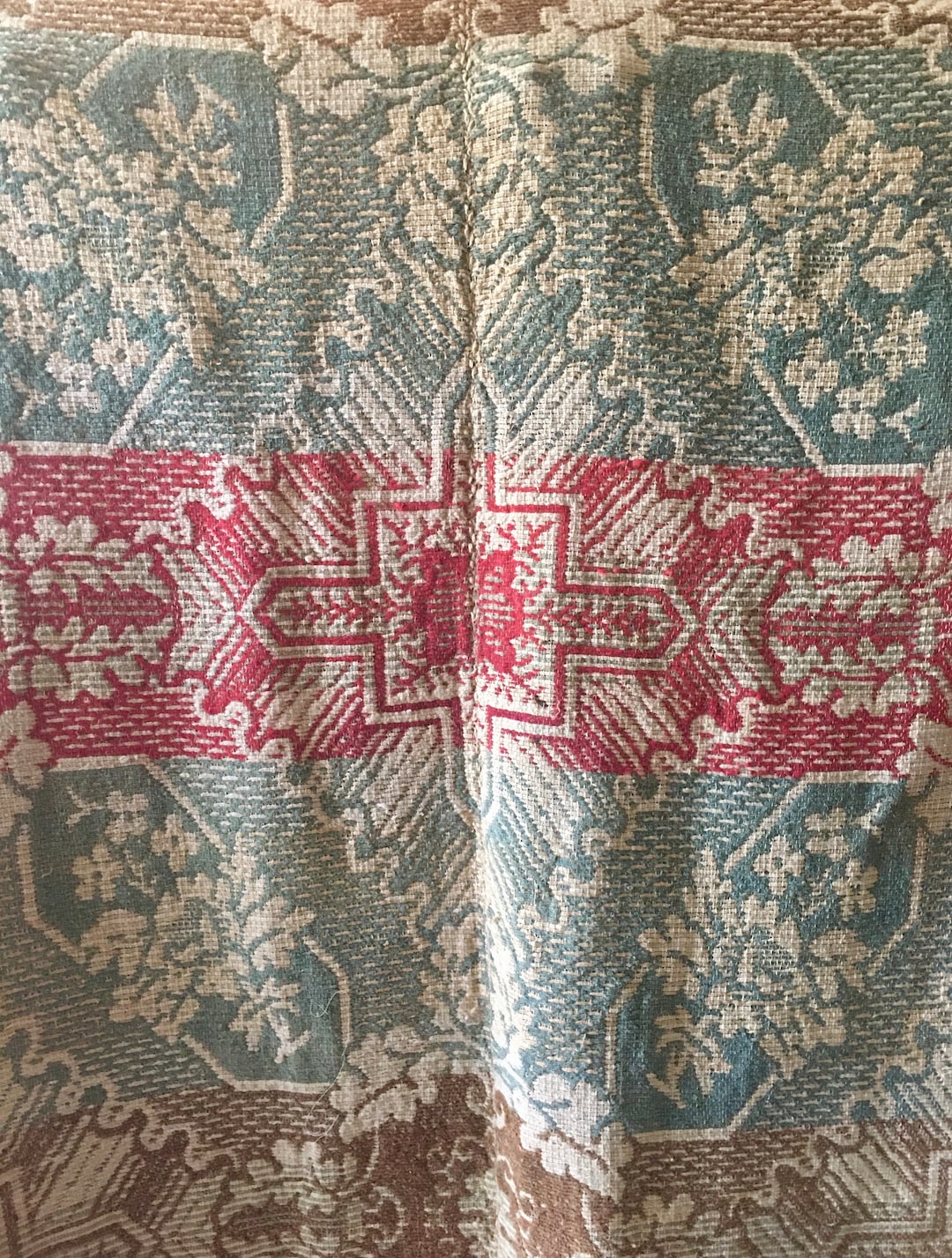 Antique Primitive Rustic Geometric Floral Acorn Leaf Center Seam Wool ...