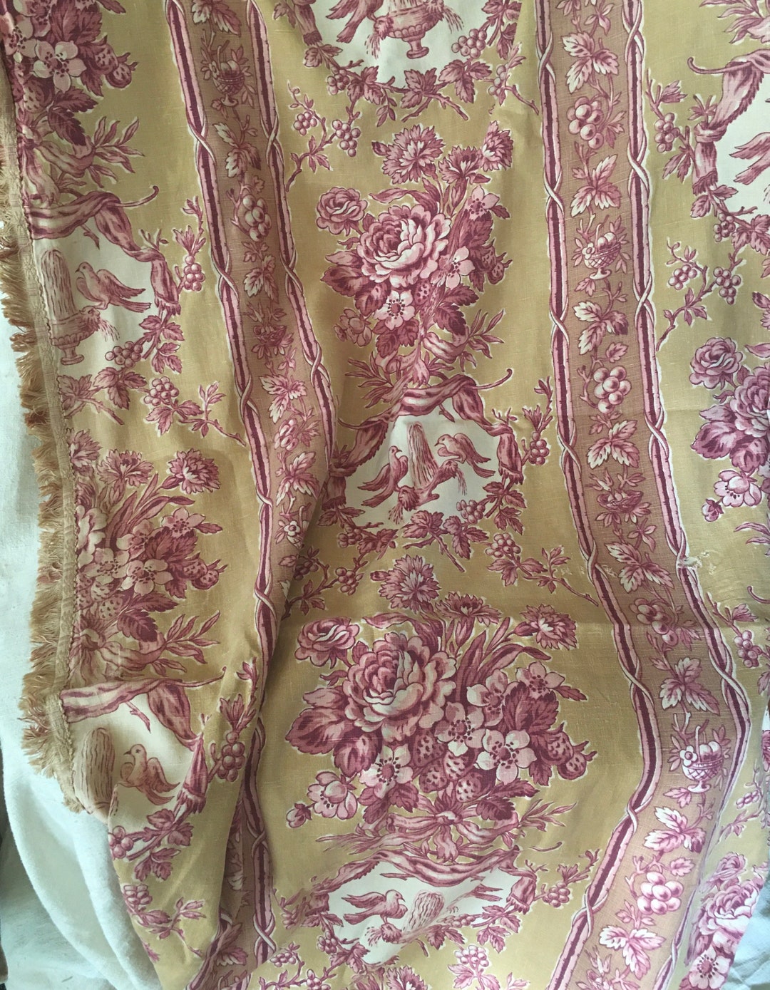 Gorgeous Antique French Floral Love Bird Fountain Grapes Linen Fabric ...