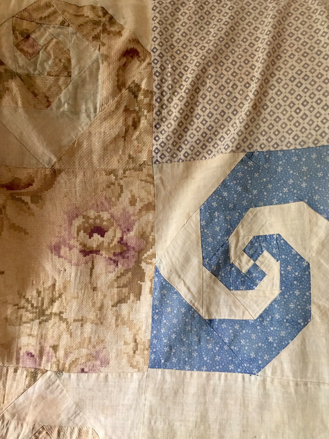 Unique Antique Patchwork Quilt Piece snail Trail Blue Calico Floral ...