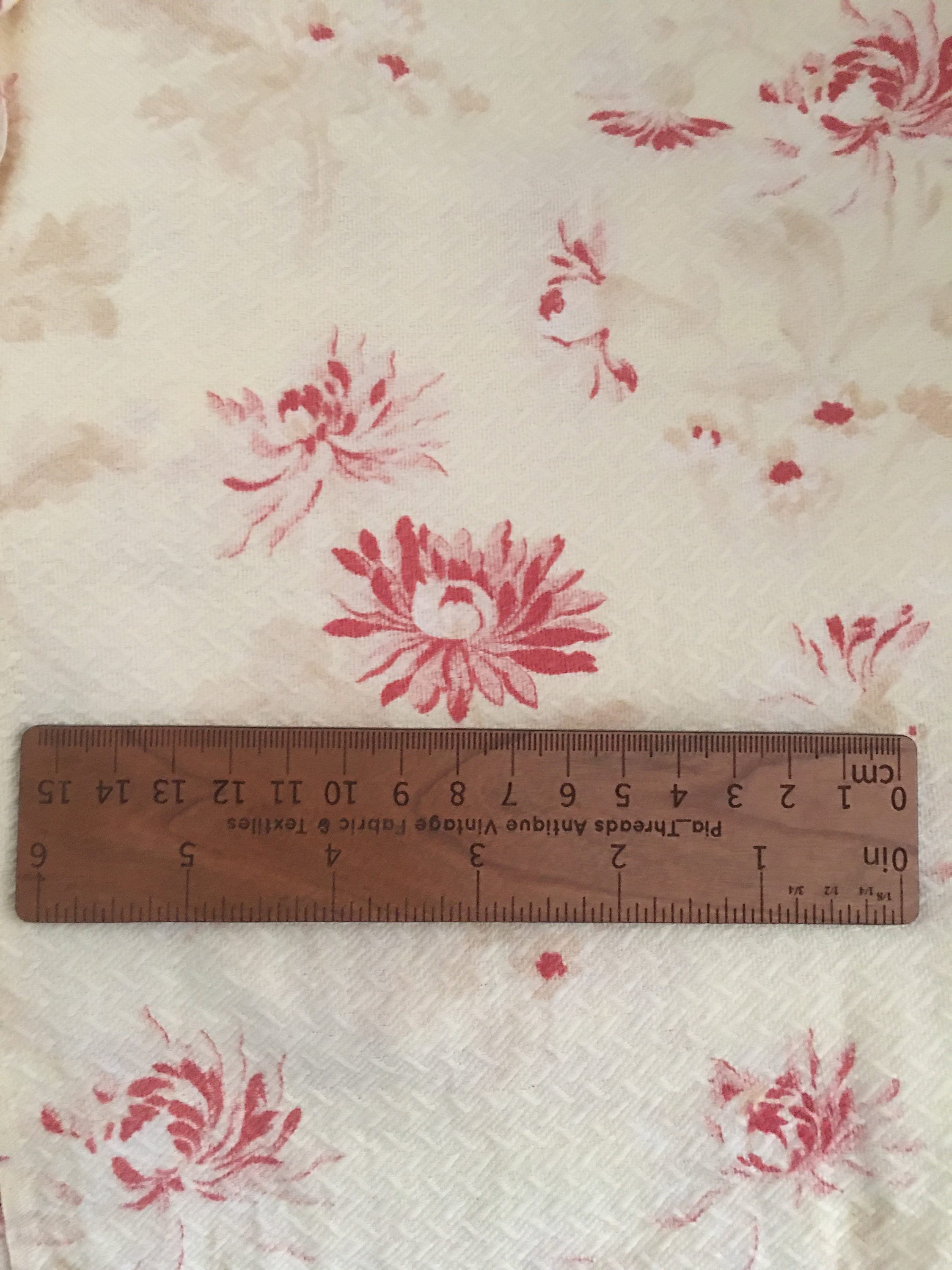 Beautiful Antique French Floral Mum Flower Cotton Fabric Red Pink Cream ...