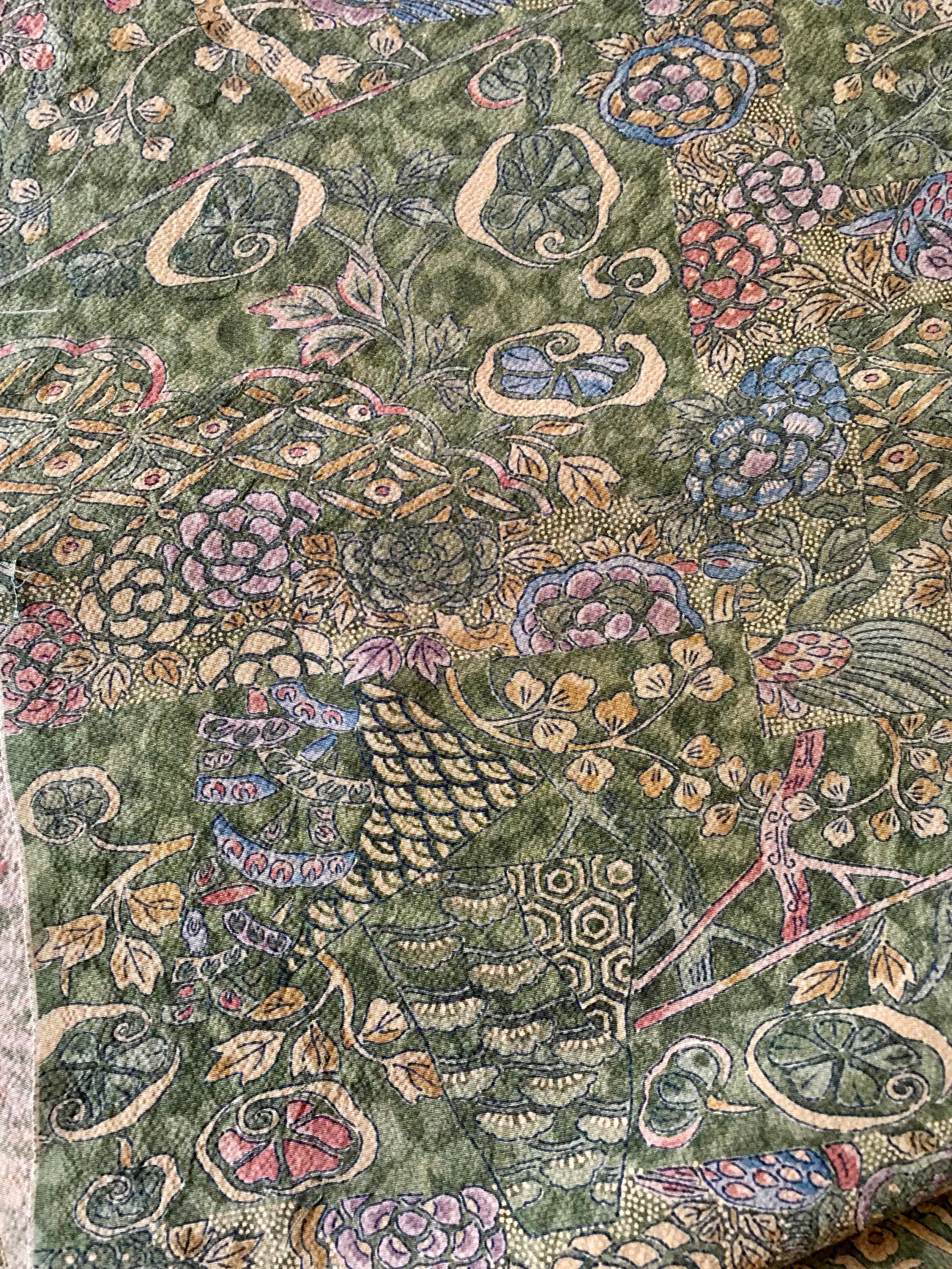 Gorgeous Antique Japanese Peony Pine Floral Bird Patchwork Design Silk Crepe Fabric Green Ochre ...