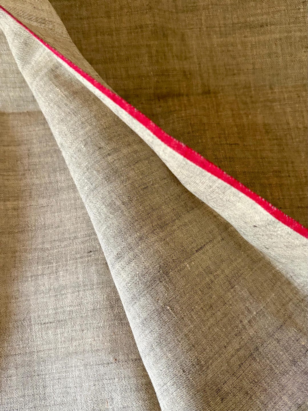 Vintage Raw Natural Flaxy Oatmeal & Red Stripe Linen Fabric ~ Unused ...