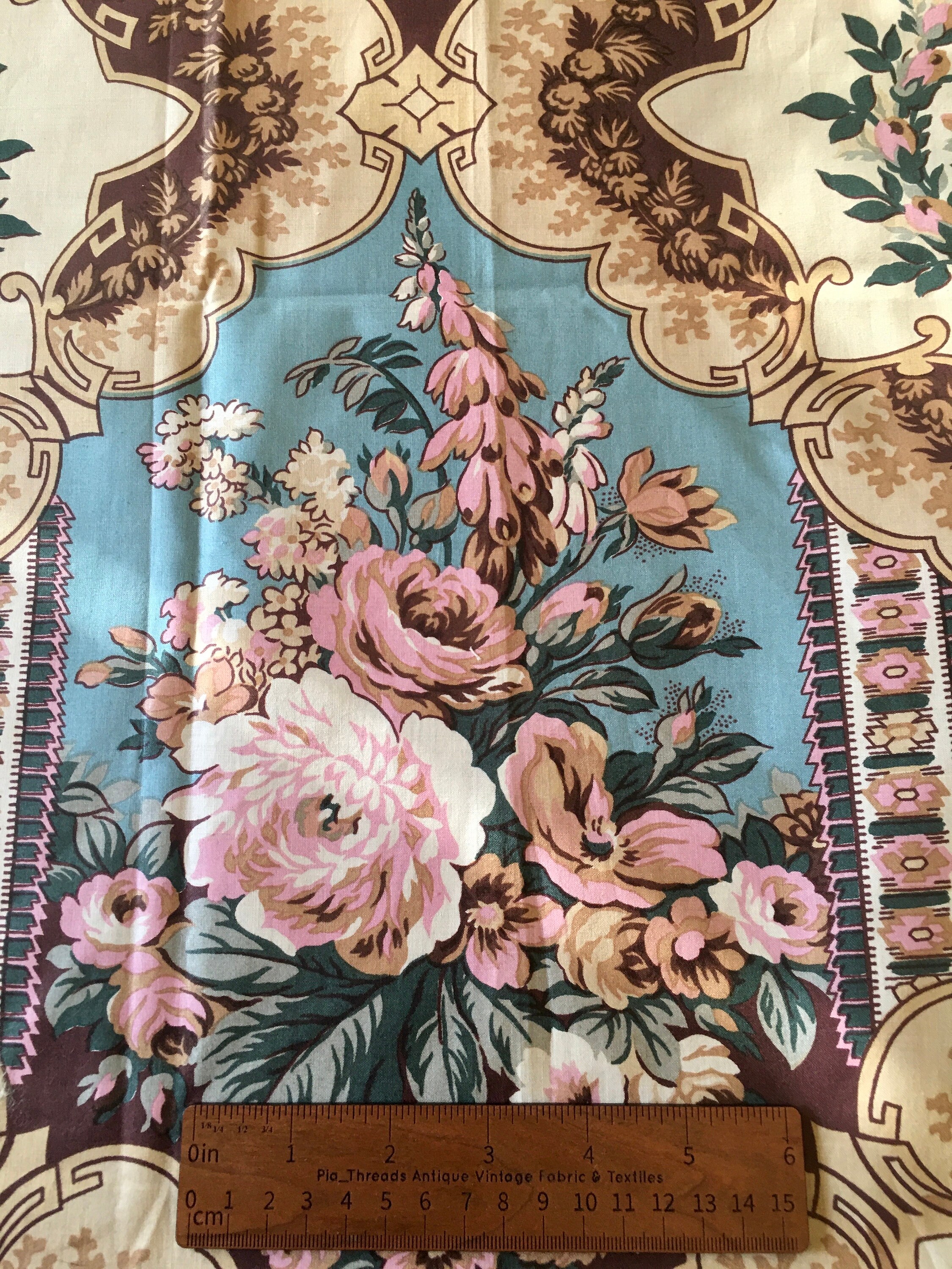 Vintage French Floral Medallion Cartouche Interiors Cotton Fabric ...