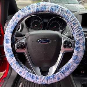 Vintage Blue Floral Universal Fit Steering Wheel Cover With Nonslip ...