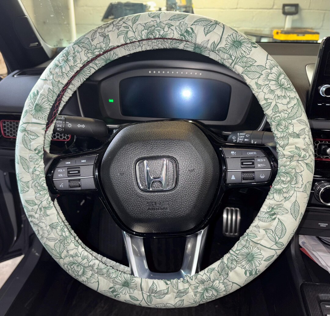 Sage Green Floral Universal Fit Steering Wheel Cover With Nonslip Grips ...