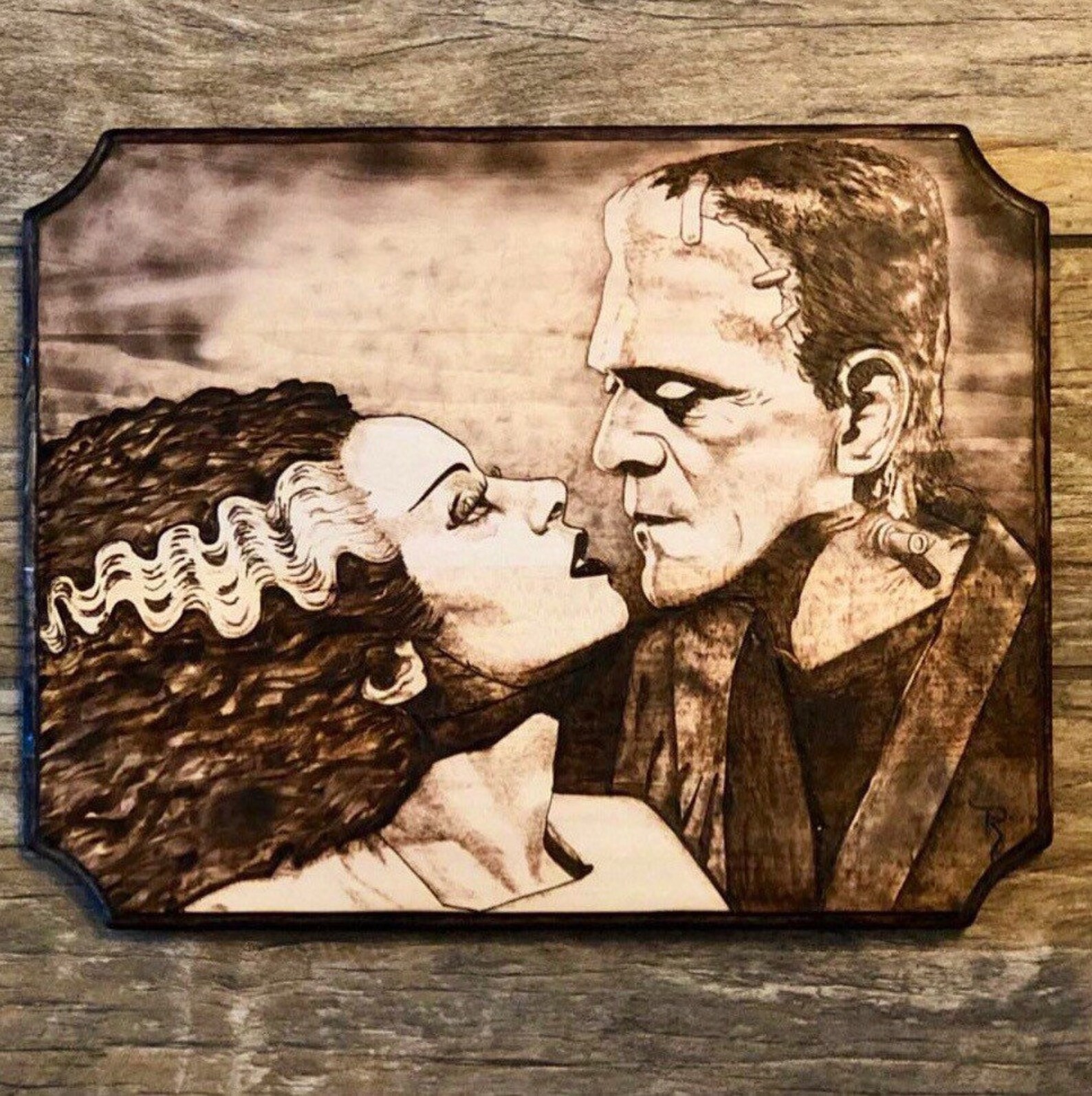 Frankenstein and the Bride Wood Burned Art Plaque Set or Single - Etsy