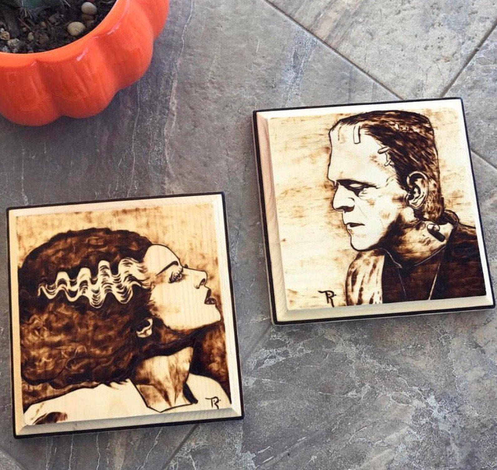Frankenstein and the Bride Wood Burned Art Plaque Set or Single - Etsy