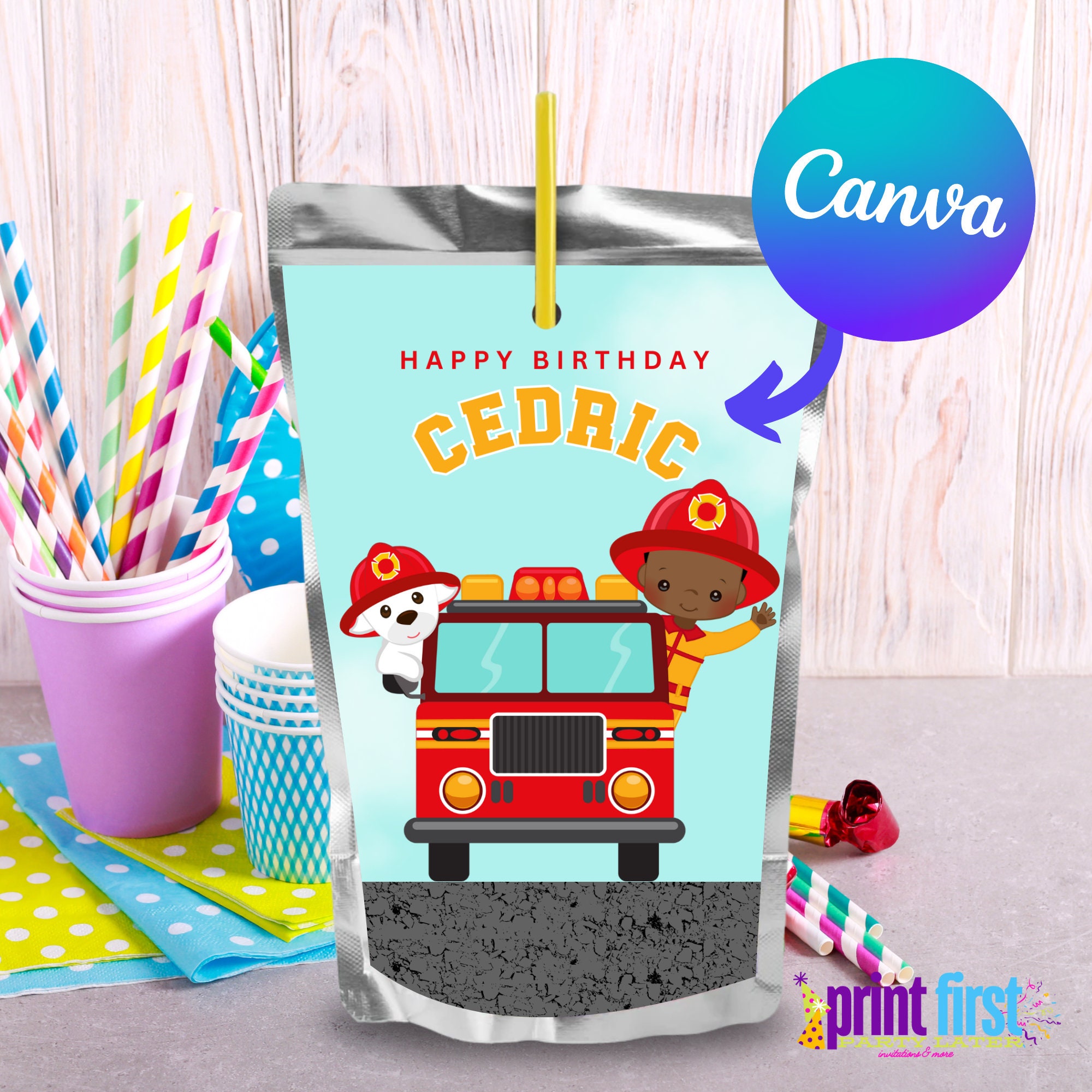 Little Fireman Party Juice Pouch | Firetruck Firefighter Party ...