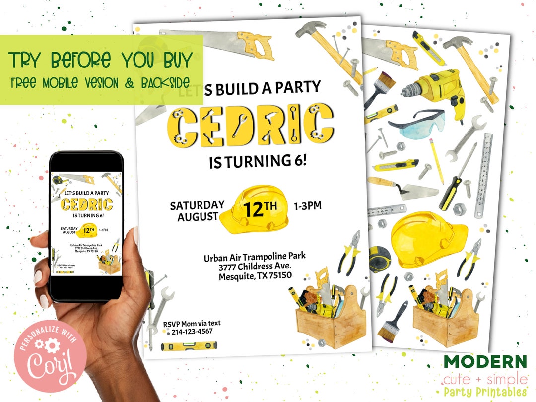 Tools Building Party Invitation | Black and Yellow Tools Birthday ...