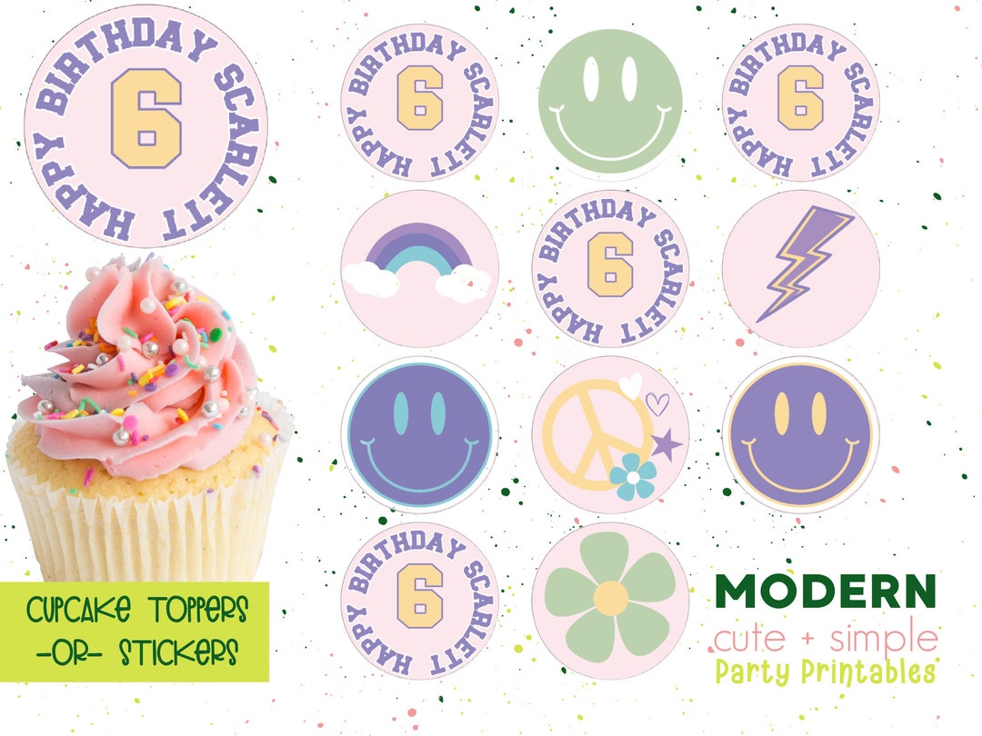 Stoney Clover Party Cupcake Toppers | Modern Pastel Birthday Stickers ...