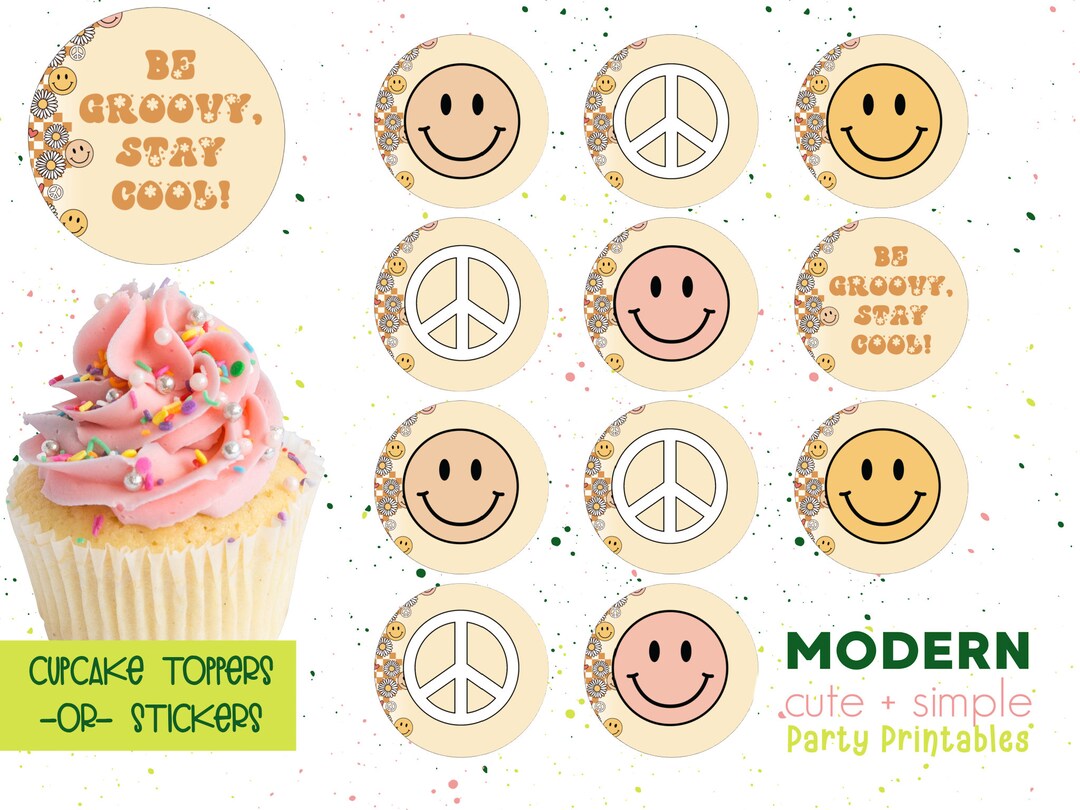 Retro Smile Checkered Cupcake Topper | Round Label | Smiley Face Groovy ...