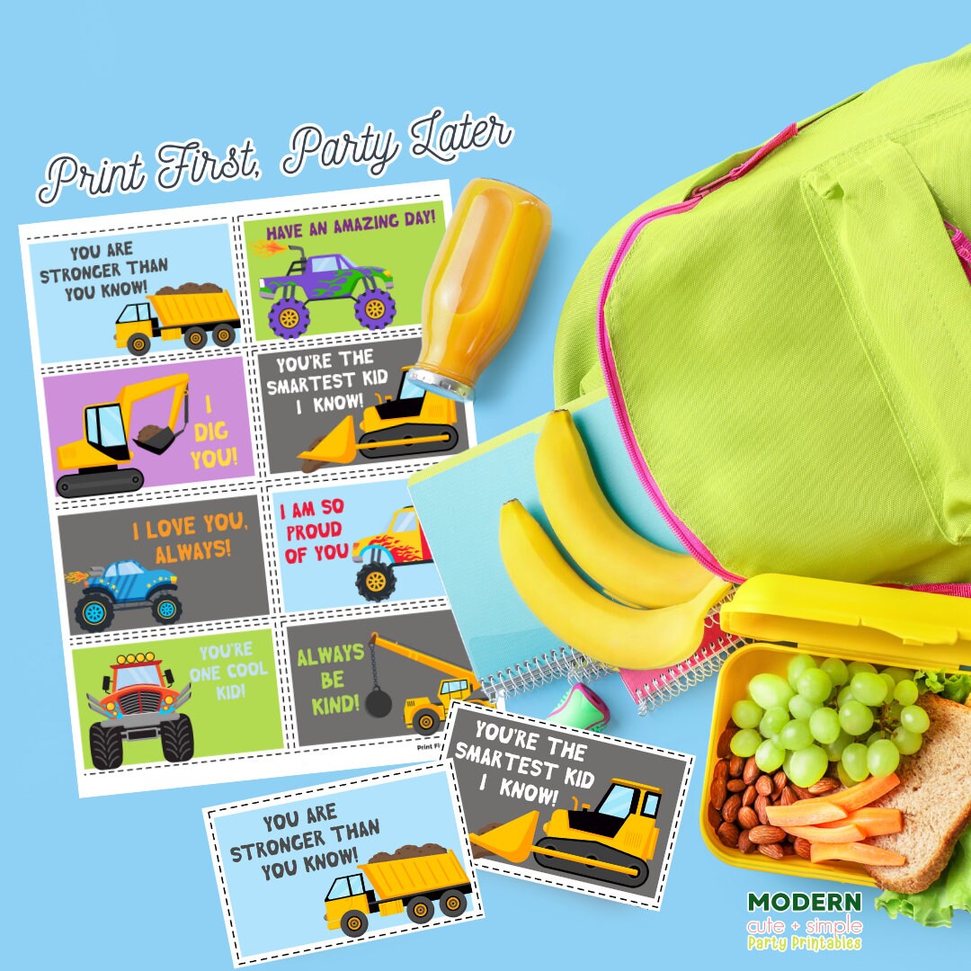 8 Trucks and Diggers Lunch Box Notes for Kids | Printable Digital ...