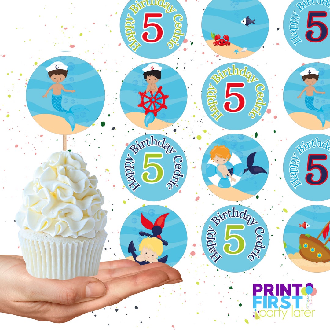 Merboy Mermaid Boy Birthday Cupcake Toppers Printable Template | Summer ...