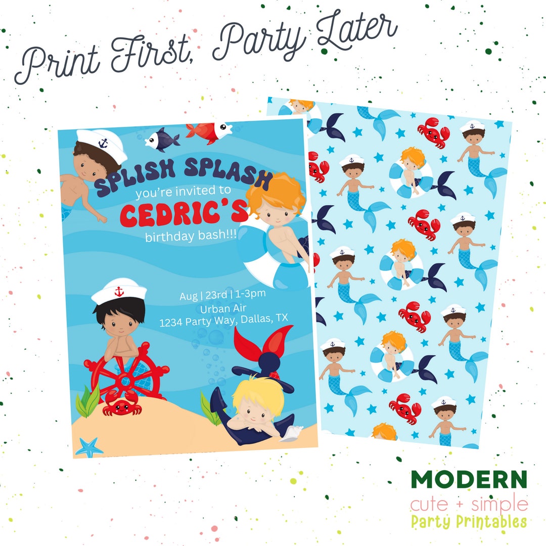 Merboy Mermaid Boy Party Invitation | Summer Boy Cute Invite | Editable ...