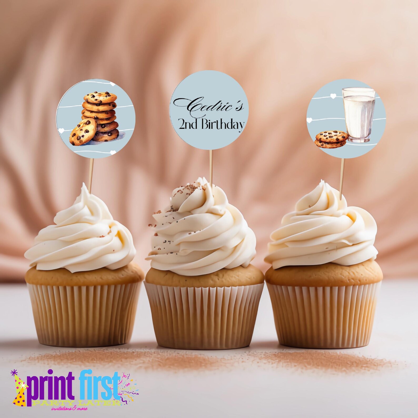 Milk and Cookies Cupcake Topper | 1st 2nd 3rd Party Toppers | Editable ...
