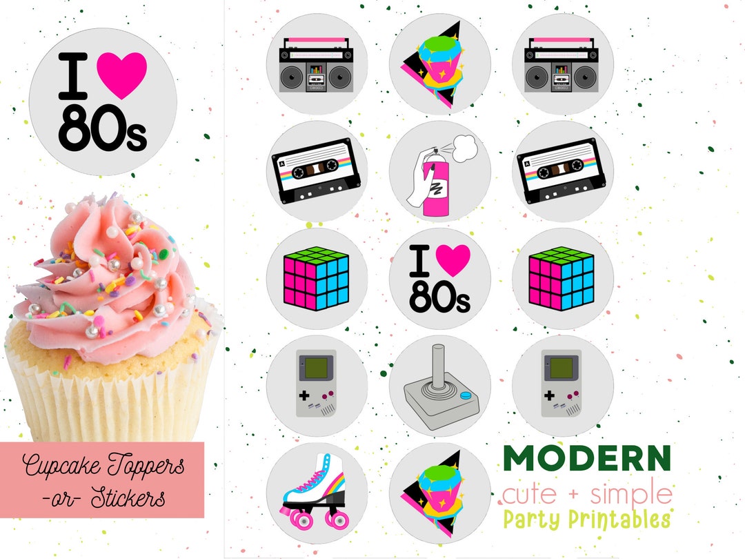 I Heart the 80s Party Printable Sticker Cupcake Toppers - 2" Round ...
