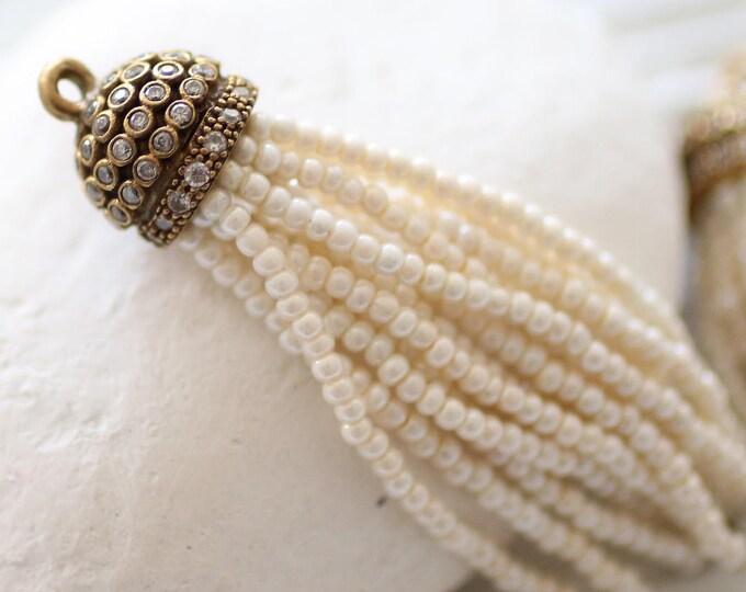 Ivory Beaded Tassel With Rhinestone Antique Tassel Cap, Pearl Seed Bead ...