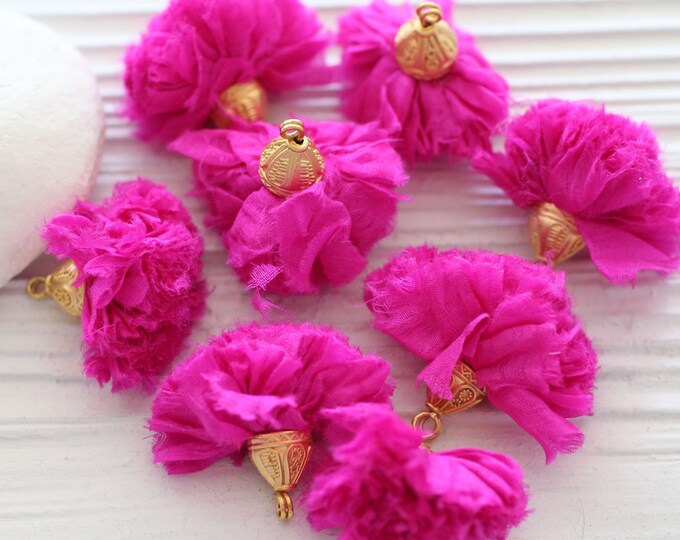 Fuschia Sari Silk Pom Pom Tassel, Magenta, Cherry Pink, Silk Tassel ...
