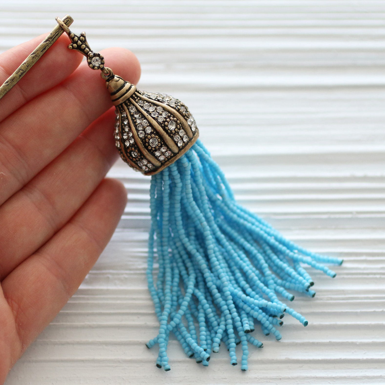 Turquoise beaded tassel with antique crystal cap, large ornate bead ...