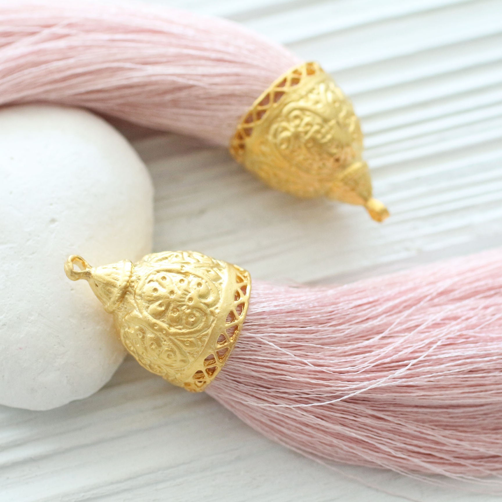 Extra large pink silk tassel with rustic gold tassel cap, thick silk ...