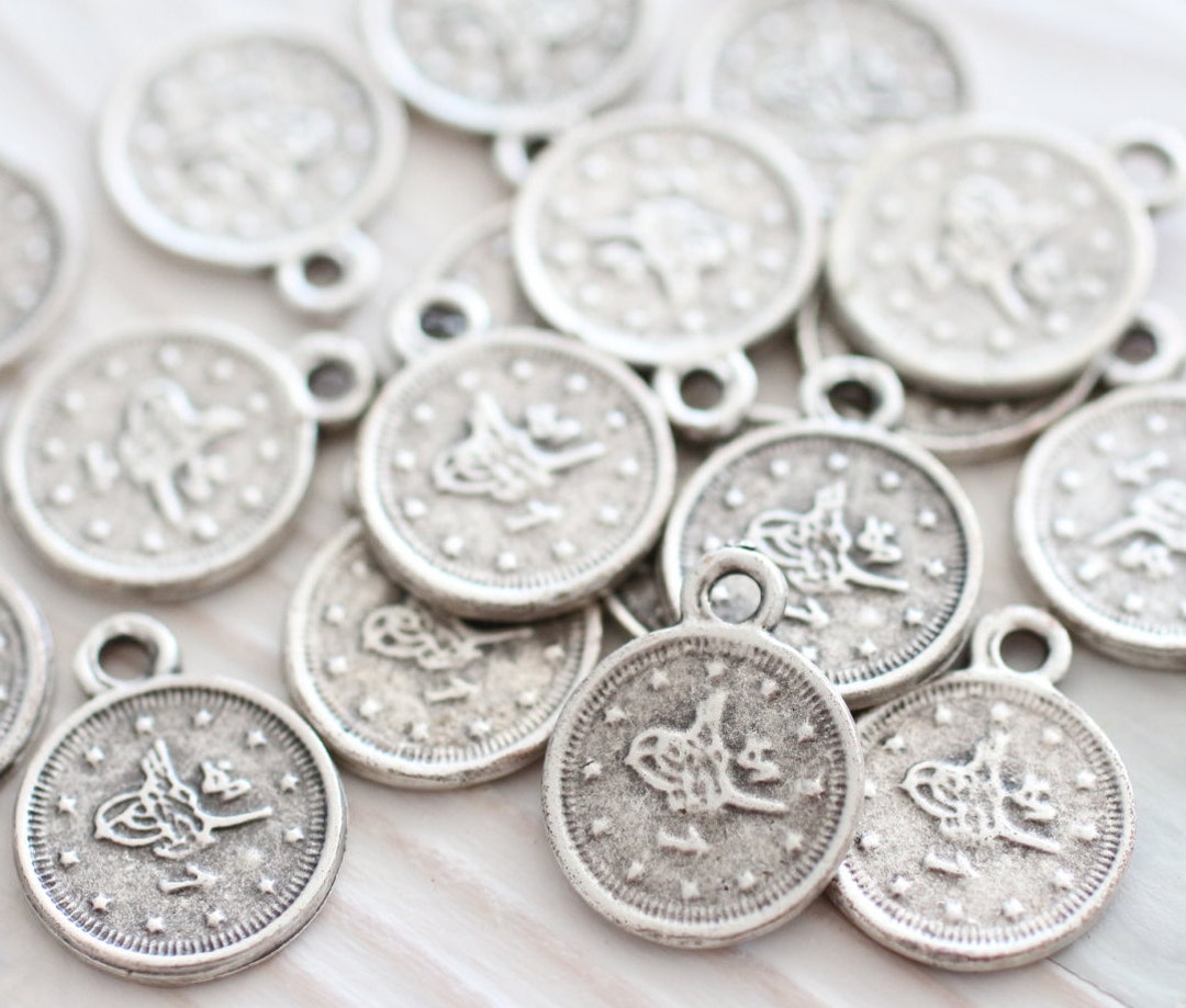 10pc Silver Coins, Earring Charms, Metal Round Beads, Rustic, Coin ...