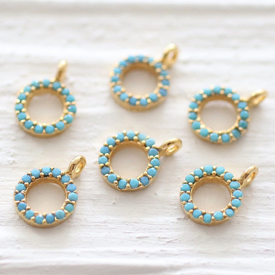 Gold round charm, circle charms, blue bead charms, bracelet charms ...