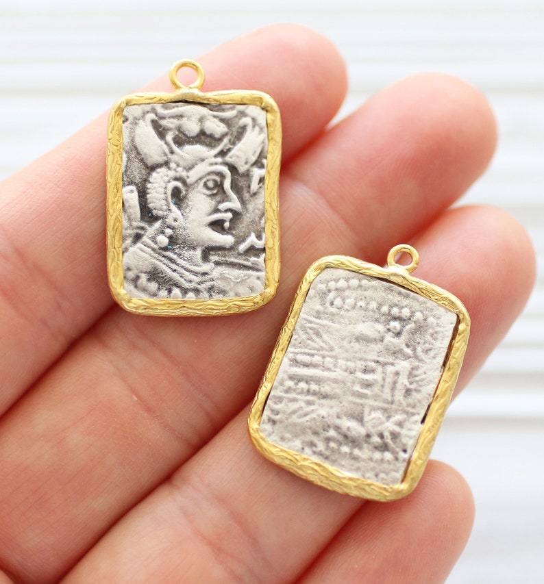 Rectangular Coin Pendant Earrings Coin Charm Gold Bezel | Etsy