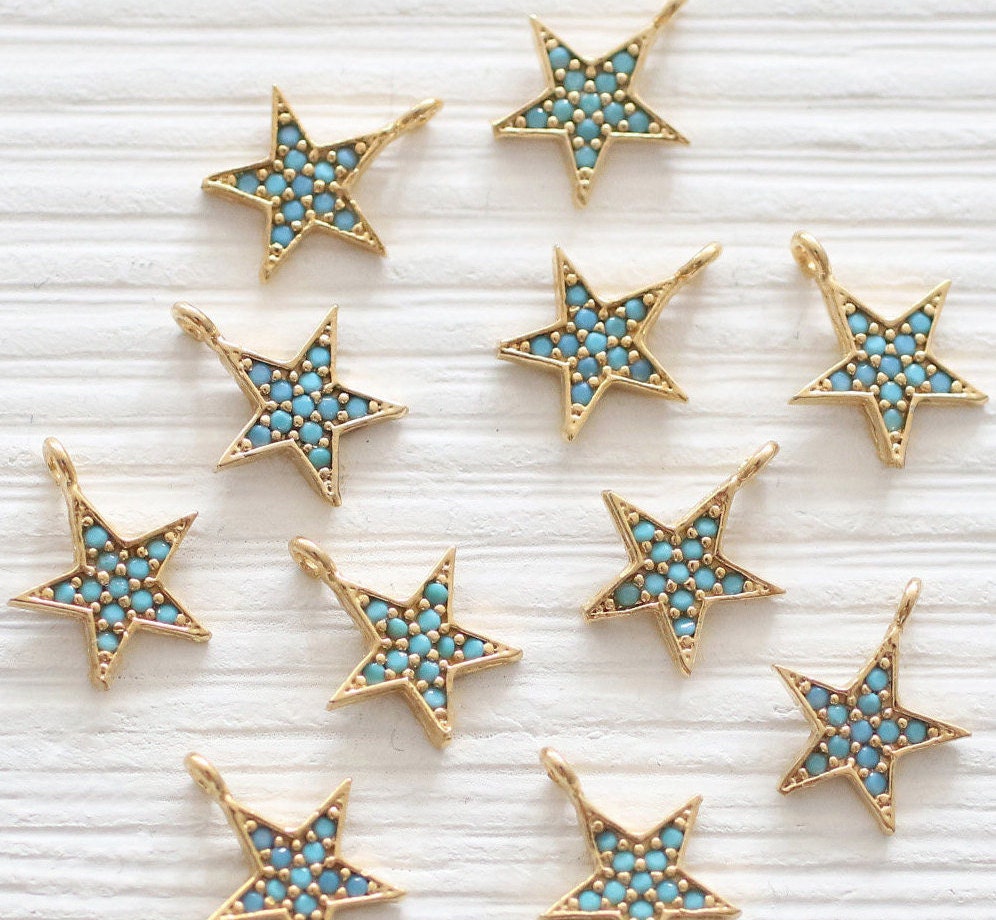 Gold star charm with blue beads, bead charms, star, necklace earrings ...
